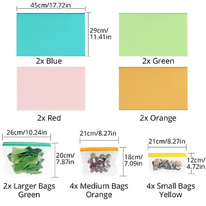 HOMGEN Exclusive Innovation 8pcs Refrigerator Liners&10Pcs Reusable Snack Bags for Kids Set (4 Reusable Sandwich Bags, 4 Reusable Snack Bags, 2 Freezer Gallon Bags) Perfect for Fridge Used