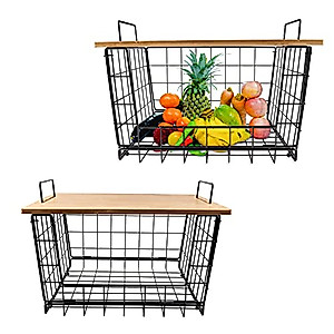 Stackable Wire Storage Baskets, TOBEFORT Fruit Basket for Kitchen Large Metal Bin for Cabinet Pantry Organization and Storage, Nesting Rectangular Basket with Wood Lid, Black