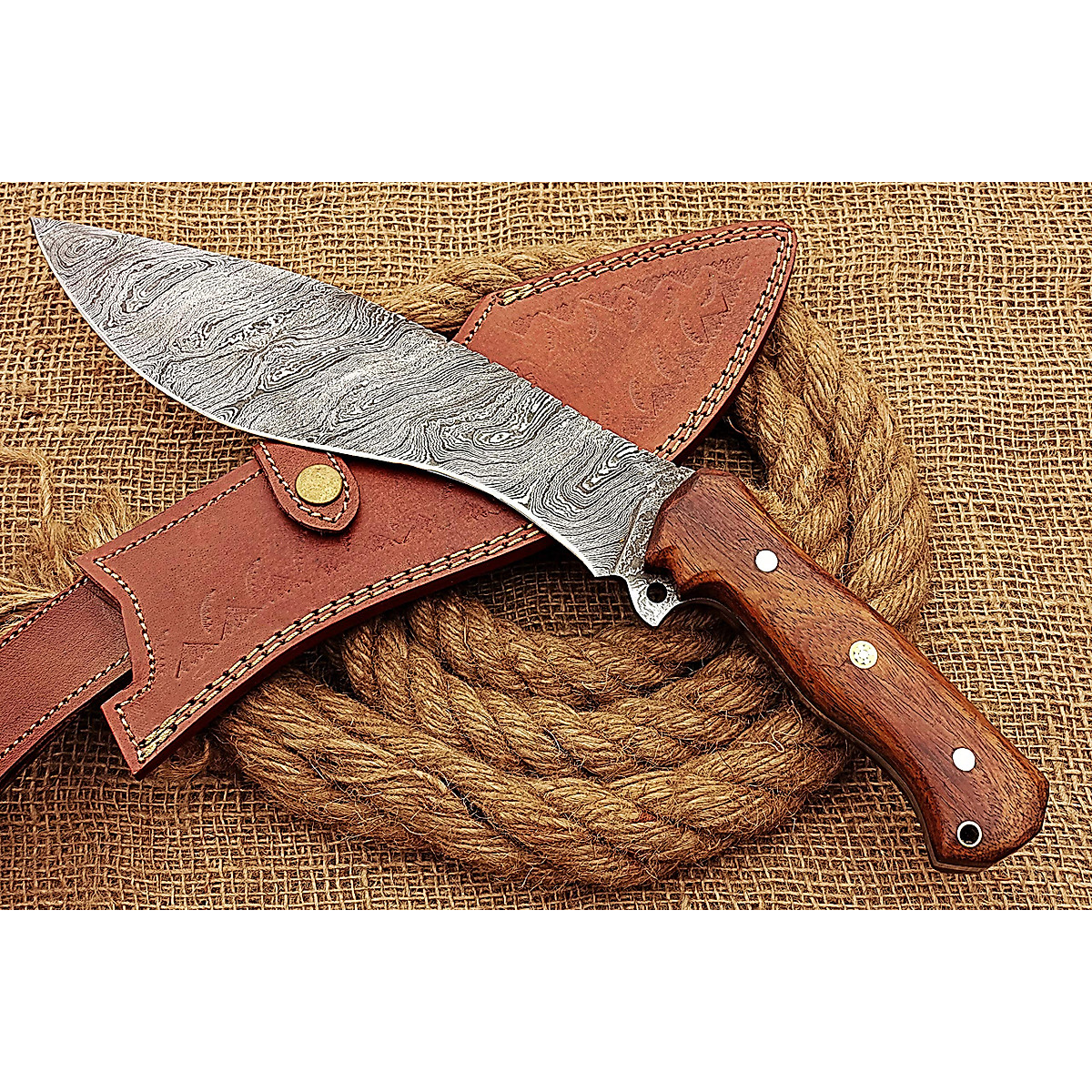 HUNTEX Handmade Hand-Forged Twist Pattern Damascus Steel 15 Inch Long Full Tang Natural Walnut Wood Handle Razor Sharp Hunting Camping Kukri Knife w/Genuine Leather Sheath