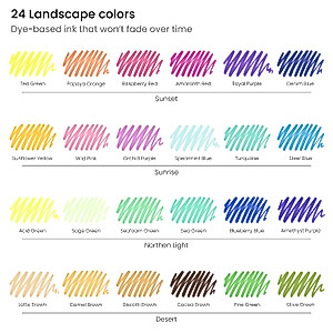 ARTEZA Felt Tip Pens, Set of 24 Landscape Brush Tip Calligraphy Pens for Note Taking, Sketching, Cross-Hatching, Outlining, Dye-Based Ink, Smear-Free