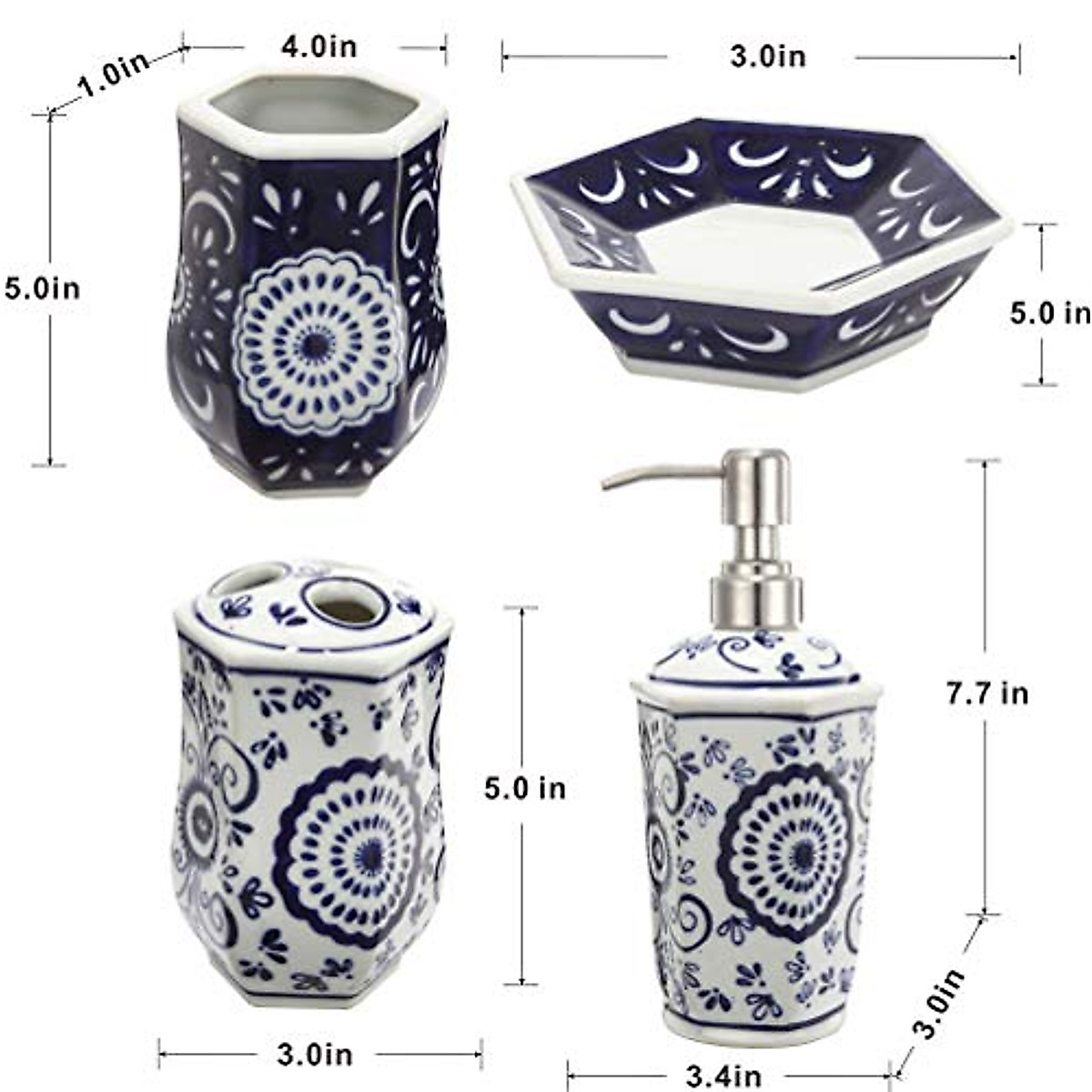 A&B Home 4 Piece Blue & White Ceramic Bathroom Set w/Soap Dispenser Toothbrush Holder Tumbler & Soap Dish