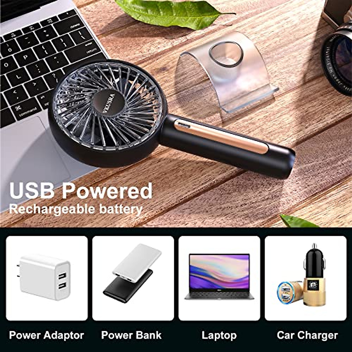 VKUSRA Handheld Fan, Mini Hand Held Fan with Base,Personal Small Battery Operated Portable Hand Fan with 4 Speeds,USB Rechargeable Makeup Desk Fan for Travel Outdoor Office-Black