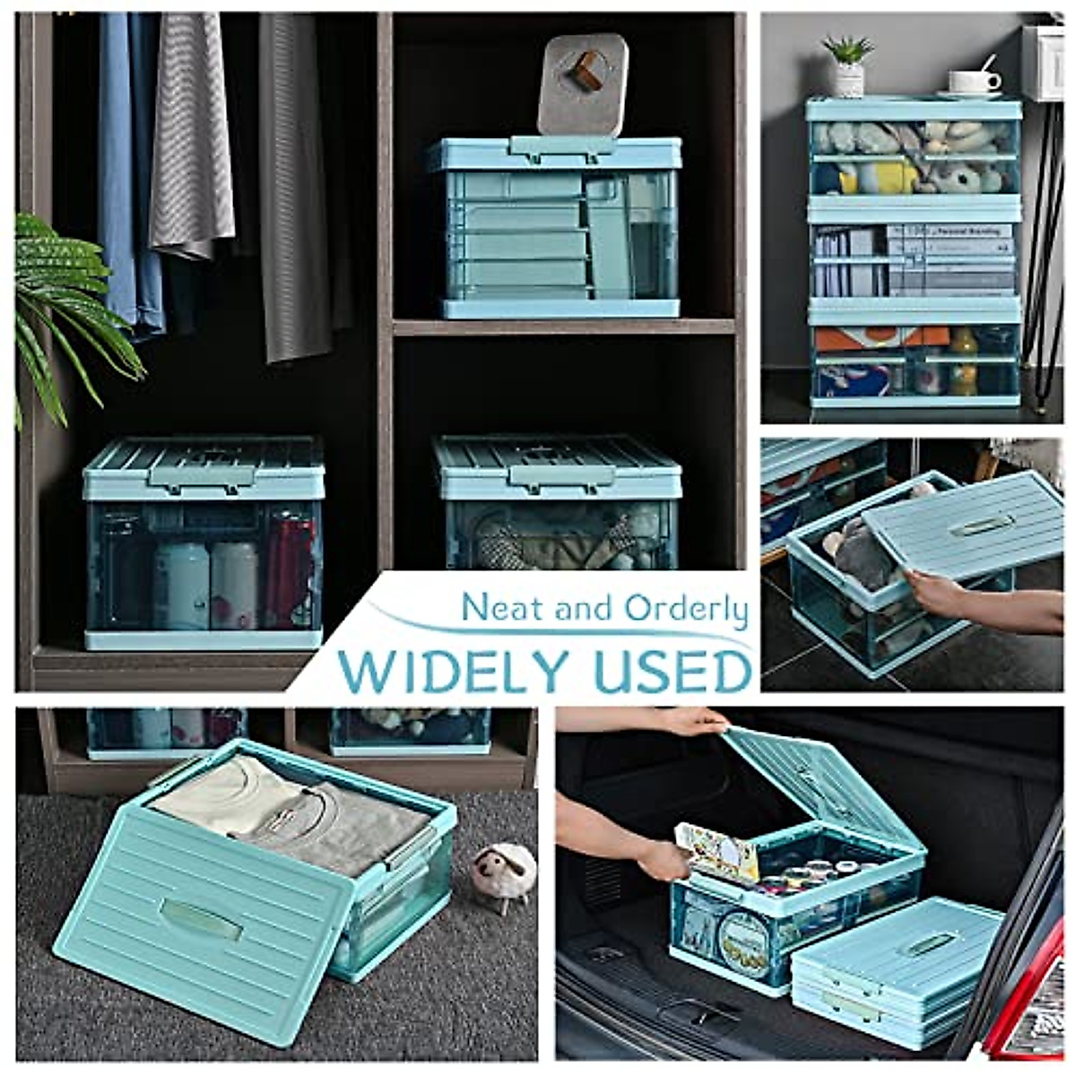 2Pcs Foldable Plastic Storage Box With Lid, DSVENROLY Upgrade Multifunction Transparent Collapsible Storage Bins, Stackable Clear Latch Storage Box with Handle, Folding Plastic Containers (Light Blue)