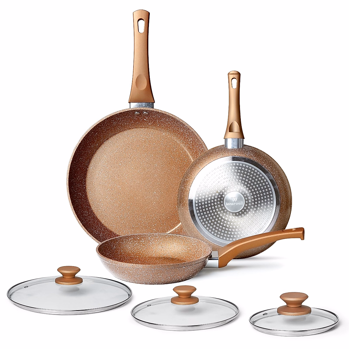 Frying Pan Set with Lids - Nonstick Frying Pan Set 3 Pcs, Non Stick Granite Cookware Set, Induction Skillet Set Egg Omelette Frying Pan W/Lid, Healthy No Toxic Cookware, Pan Set for Cooking, PFOA Free