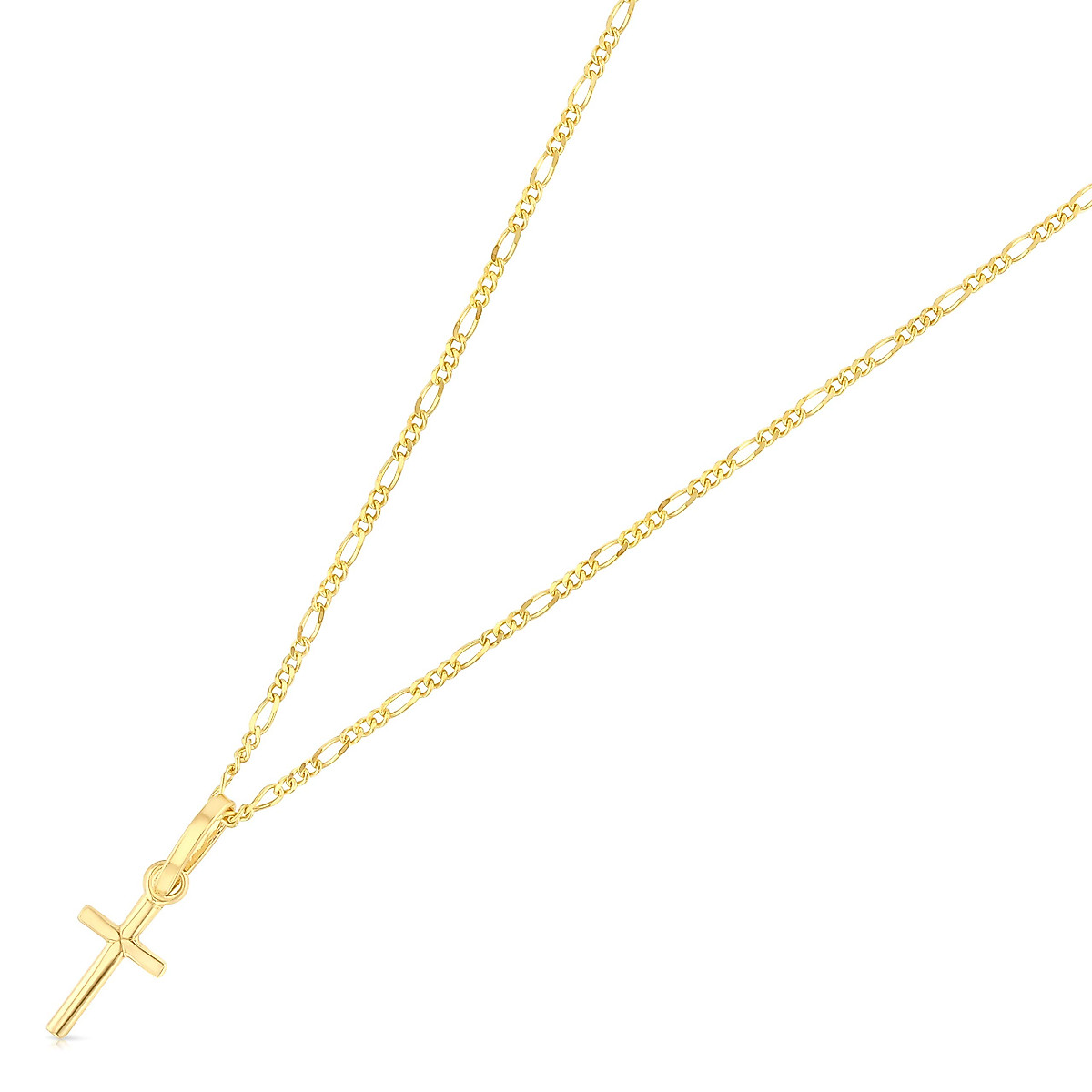 Ioka 14K Yellow Gold Plain Cross Pendant with 1.2mm Figaro 3+1 Chain Chain Necklace - 16"