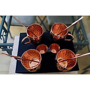 SciencePurchase Set of 4 Pure Copper Moscow Mule Mugs Gift Set with 4 Copper Cocktail Straws and 2 Shot Glasses, Each Hammered Mug Holds 18 Ounces