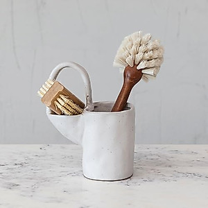Creative Co-Op Stoneware Dish Brush, White Speckled Finish Sponge Holder