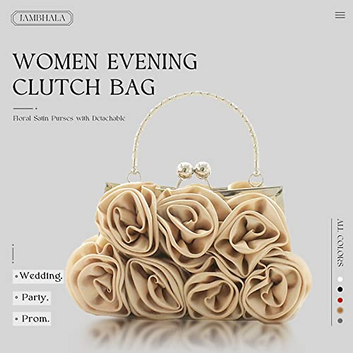 JAMBHALA Women Evening Clutch Bag Floral Satin Small Purses with Detachable Strap for Wedding, Party, Prom (Champagne)