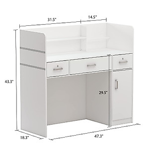 Homsee Modern Reception Desk with 3 Drawers, 1 Door Storage Cabinet & Hutch Shelf, Office Wooden Computer Desk, Writing Study Table PC Laptop Desk, White (47.3" L x 18.3" W x 43.3" H)