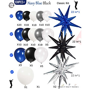 Kozee Navy Blue and black balloon Garland Kit 132PCS dark blue with Sliver white starburst Balloons Arch for baby shower boy 1st birthday party anniversary graduation Prom decorations