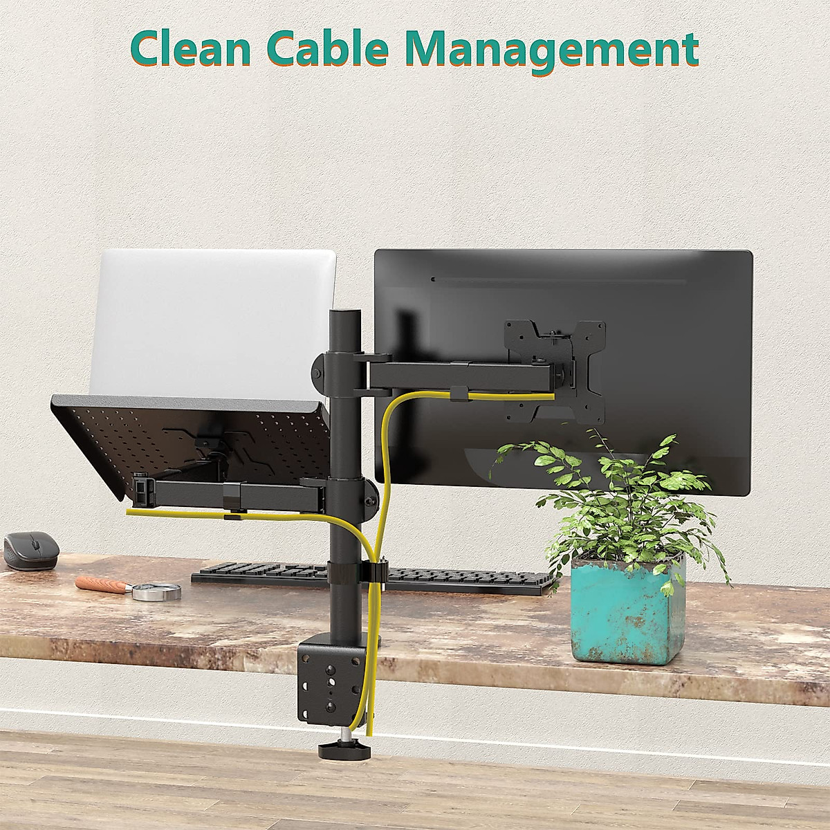 WALI Laptop and Monitor Stand Fully Adjustable Monitor Mount and Laptop Tray for 1 Laptop Notebook up to 17 inch and 1 Screen up to 27 inch, 22 lbs, Weight Capacity (M001LP), Black