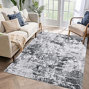 RUGSREAL Washable Area Rug 8x10 Modern Abstract Rug Non-Slip Non-Shedding Area Rug Low Pile Foldable Thin Carpet Machine Washable Rug for Living Room Bedroom, Grey