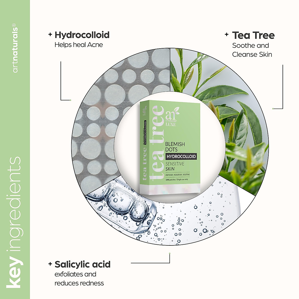 Artnaturals Acne Pimple Patches (144 Pack) Hydrocolloid Acne Patches with Tea Tree Treatment for Zits and Breakouts, Spots and Dots Stickers for Face and Skin