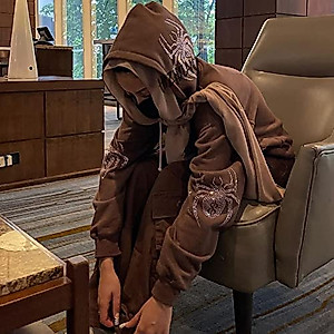 YEOU Women Rhinestone Y2K Spider Skeleton Hoodies Punk Jackets Streetwear Goth Harajuku Oversized Zip Up Hoodie Brown