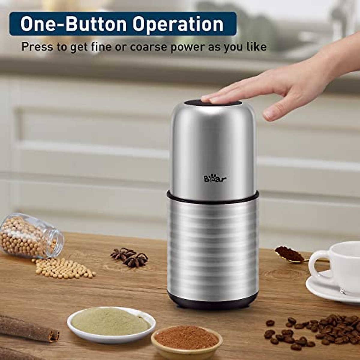 Bear Coffee Grinder, Spice Grinder, 300W Powerful Electric Herb Grinder with 200g Removable Cup for Spices, Pollen, Herb,and Coffee Beans, with Cleaning Brush
