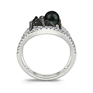 Jeulia 2.06ct Sterling Silver Black Skull Ring Women Men Spider Engagement Rings Pear Cut Red Diamond Skull Ring Gothic Black Pearl Spider Promise Ring Band Halloween Jewelry (Black Widow, J-½)