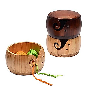 Wooden Yarn Bowl,Yarn Bowls with Lid for Knitting Crochet Yarn Ball Holder Handmade Yarn Storage Bowl for DIY Knitting Crocheting Crochet Kit Organizer Accessories with 12 Crochet Hooks (Dark Wood)