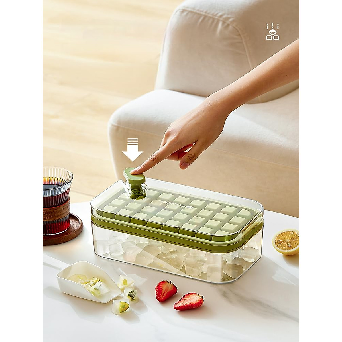 GOHOLE Ice Cube Trays for Freezer with Lid and Bin, 64 Ice Cubes, 2 Trays, Container, Lid & Ice Scoop (Green)
