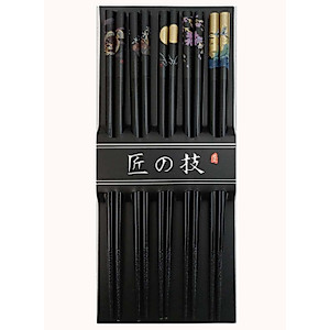 JapanBargain 3672, Bamboo Chopsticks Reusable Japanese Chinese Korean Wood Chop Sticks Hair Sticks 5 Pair Gift Set Dishwasher Safe, 9 inch, Black