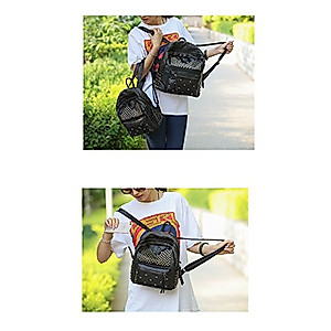 Ladies Women PU Leather Backpack Rivet Studded Cute Satchel School Bags (Black-L)