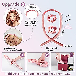 Heatless-Hair-Curler, Upgraded Segmented Design No Heat Silk Curls Headband for More Comfortable Sleep Overnight, Silk Curling Ribbon for Hair with Rubber Bands and Clips (Pink)