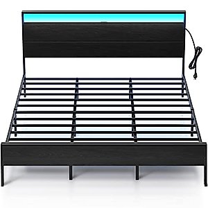 Rolanstar Bed Frame with Charging Station, King Bed Frame with LED Lights Headboard, Metal Platform Bed Frame, Strong Metal Slats, 10.2” Under Bed Storage Clearance, No Box Spring Needed, Noise Free