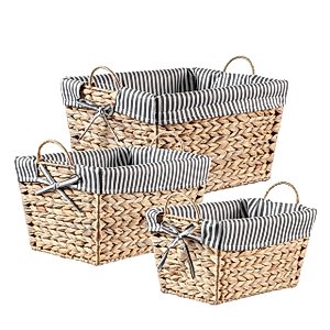Motifeur Handmade Water Hyacinth Wicker Baskets, Utility Storage Organizers With Removable Liner (Set of 3, Jumbo: 16.9"x12.2"x9.1", Large: 15"x10.2"x7.9", Medium: 13"x8.3"x6.7", Beige + Gray/White)
