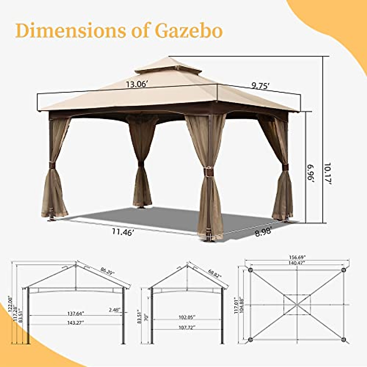 Domi 10'x13' Gazebo, Outdoor Gazebo with Mosquito Netting, Metal Frame Double Roof Soft Top Patio Gazebo Canopy Tent for Deck Backyard Garden Lawns