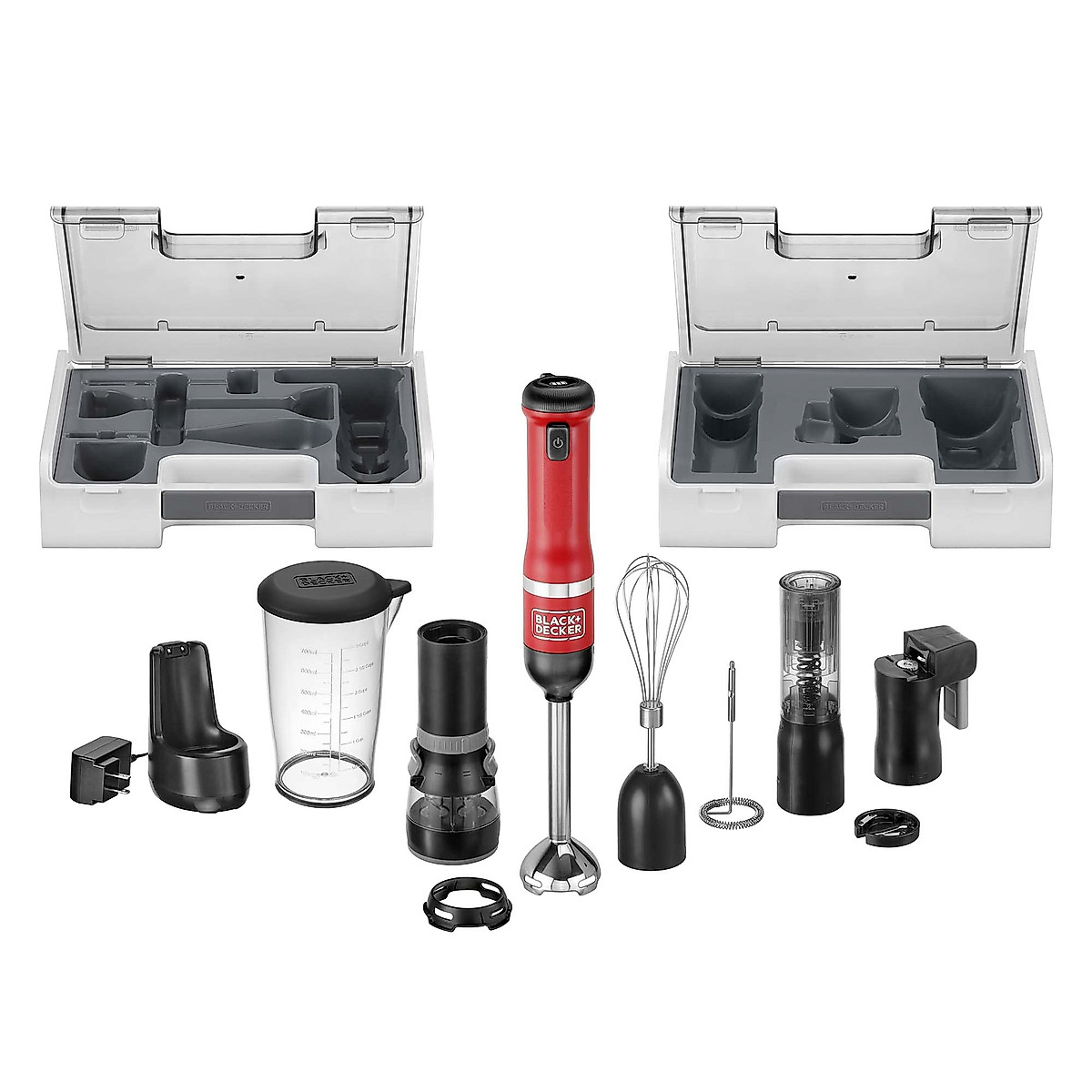BLACK+DECKER Kitchen Wand Cordless Immersion Blender, 6 in 1 Multi Tool Set, Hand Blender with Charging Dock, Red (BCKM1016KS06)