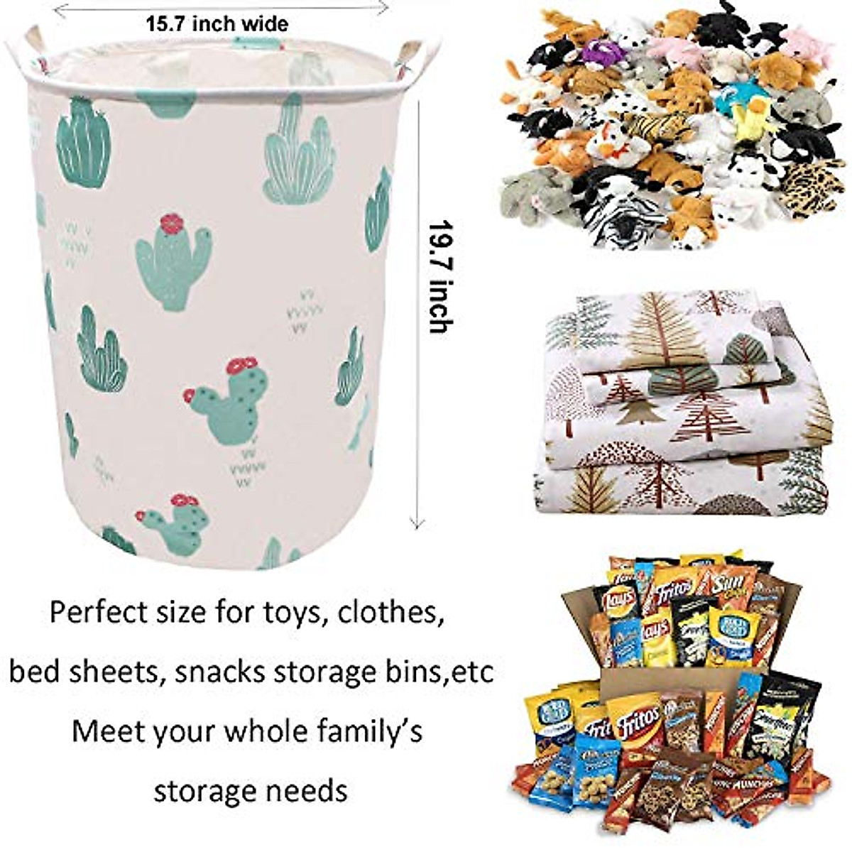 Large Storage Bins 19.7x15.7 Inch, ZUEXT Waterproof Foldable Cotton Canvas Fabric Storage Bin, Collapsible Round Clothes Laundry Hamper w/Leather Handles, Cactus Storage Basket, Toy Books Holder