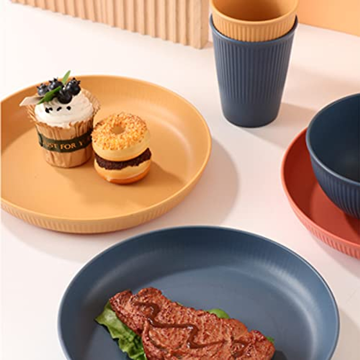 Lyellfe 44 Pieces Wheat Straw Dinnerware Sets, Unbreakable Camping Plates Cups and Bowls Set, Eco Friendly Lightweight Kitchen Dish with Knives, Forks, Spoons, Dishwasher Microwave Safe