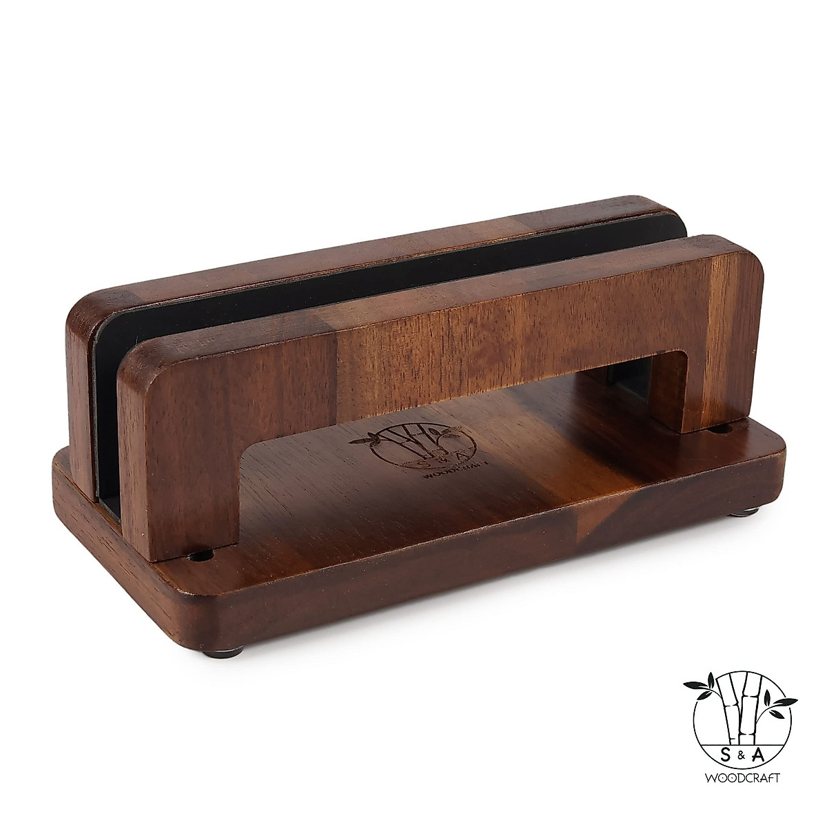 S&A WOODCRAFT Brown Acacia Wood Vertical Laptop Stand, Adjustable Wooden Laptop Holder, Non-Slip Laptop Dock Compatible with Apple MacBook, Microsoft Surface, Gaming Laptops, IPad, Tablets