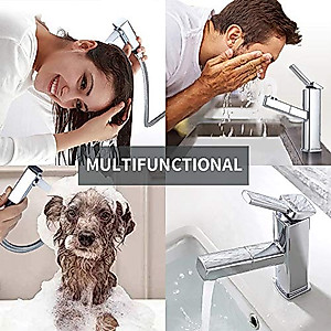 KAIYING Bathroom Sink Faucet with Pull Out Sprayer, Single Handle Basin Mixer Tap for Hot and Cold Water, Lavatory Pull Down Vessel Sink Faucet with Rotating Spout (Regular, Chrome)