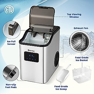 COSTWAY Nugget Ice Maker Countertop, 60 Lbs/24H, Pebble Ice Machine with Self-Cleaning, 12H Appointment Function, 2 Ways Refill Water, Portable Ice Maker for Home Office Bar Party, Stainless Steel