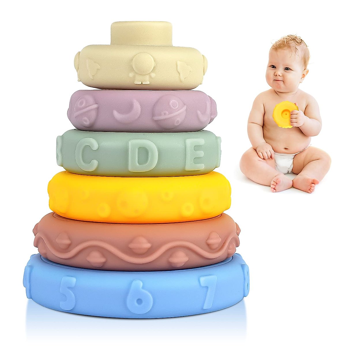 DASIGJID Stacking & Nesting Circle Toy, Soft Building Rings Stacker & Teethers, Squeeze Play with Early Educational Learning Stacking Tower, Best Gift for 6+ Months Boys & Girls