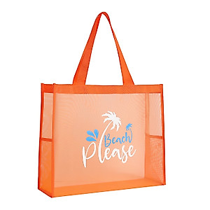 Mesh Beach Bag - Beach Bags Waterproof Sandproof, Extra Large Beach Tote Bag For Toys & Vacation Essentials (Orange Mesh Orange Handles)