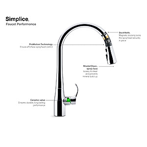 KOHLER Simplice Pull Down Kitchen Faucet, 3-Spray Faucet, Kitchen Sink Faucet with Pull Down Sprayer, Polished Chrome, K-596-CP