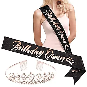xo, Fetti Birthday Queen Sash + Tiara - Black Glitter + Rose Gold Foil | Birthday Party Decorations - 16th, 21st, 30th, 40th, 50th, Girl