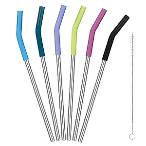 Sursip Set of 6 reusable stainless steel straws with silicone, 8mm Wide Straws for Smoothies Shakes,6 Steel Straws,6 Silicone Tips,1 Straw Cleaning Brush,Removable and easy to clean