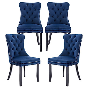 Kiztir Velvet Dining Chairs Set of 4, Upholstered Dining Chair with Nailhead Trim and Solid Wood Legs, Navy Luxury Wingback Dining Side Chair for Living Room, Bedroom, Kitchen