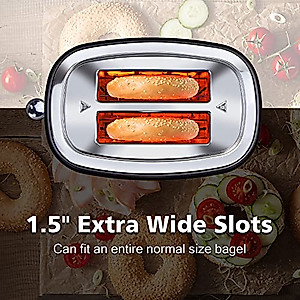 Toaster 2 Slice KETIAN Retro Bagel Toaster 1.5’’ Extra Wide Slot, 6 Toast Settings Cancel Reheat Bagel Defrost Functions, Removable Crumb Tray, 800W, Black