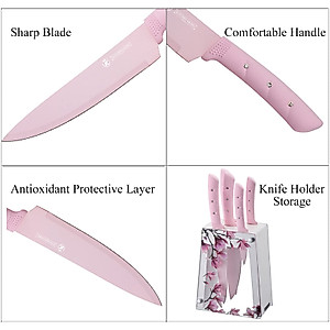 Chef Knife Set, 6 Pieces Stainless Steel Professional Kitchen Knife Set with Acrylic Stand for Cooking, Lightweight Strong Anti-Slip Pink Knives Set Kitchen Gifts for Women (Pink) One Size