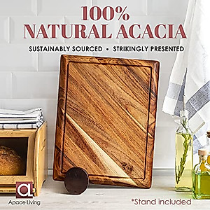 Contour Wood Cutting Board - Large Acacia Butcher Block Chopping Board for Kitchen w/Stand, Sustainable Wood, Juice Groove - Doubles as 4 Compartment Serving Board - Apace Living 17x13x1.5