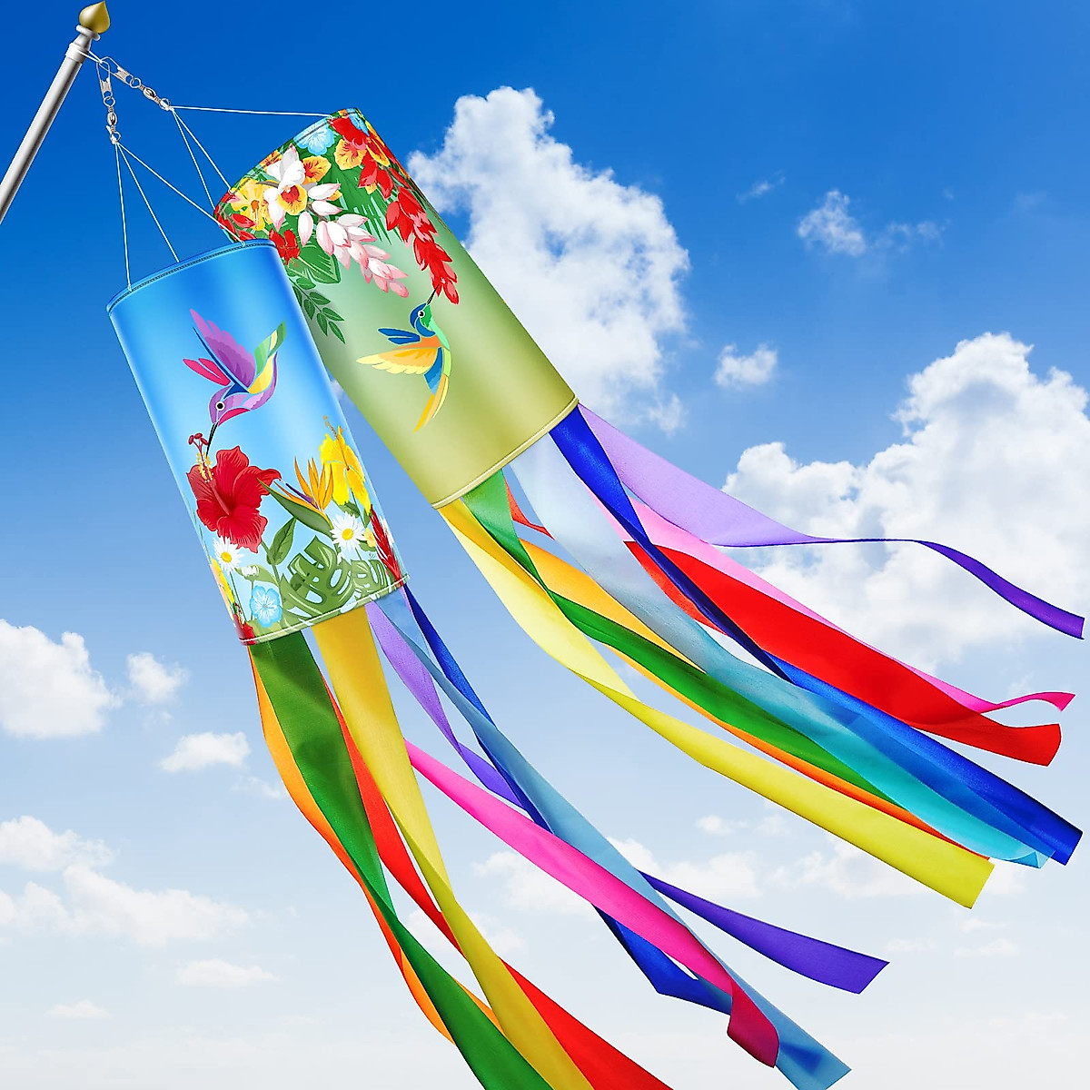 2 Pcs 40 Inches Twin Hummingbird Windsock, Decorative Spring Wind Socks Rainbow Outdoor Decor Windsock Flag Hanging Decor for Wall Tree Front Patio Lawn Garden