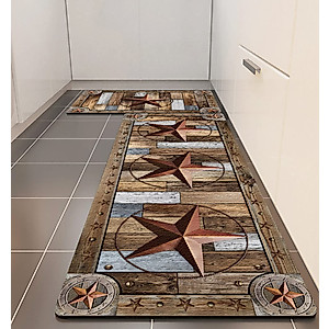 AILUER Farmhouse Wood Kitchen Rugs Mats Set of 2 Rustic Texas Star Anti-Fatigue Cushioned Kitchen Floor Mat Non-Slip Backing Washable Kitchen Rugs Set Office Laundry, 17inchx29.5inch+17inchx47inch