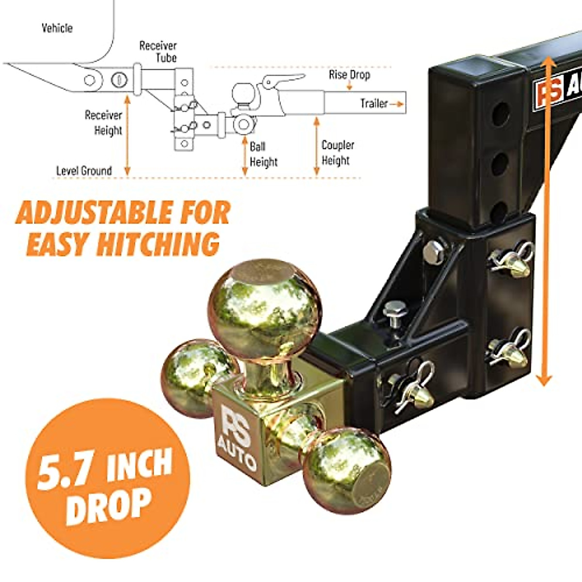 Tri-Ball Adjustable Trailer Hitch – Fits 2-inch Receiver, 5.70-inch Drop, Trailer Hitch, Tri-Ball Hitch, Adjustable, Ball Mount Hitch - 10,000 LBS, 1-7/8, 2 and 2-5/16 inch Balls, Solid Tube Hitch