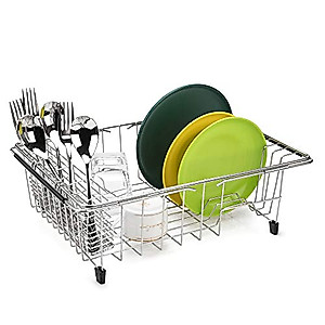 SANNO Expandable Sink Dish Drying Rack, Deep Large Dish Drying Rack with 4 Division Utensil Silverware Cutlery Holder, Dish Drainer Shelf Dish Rack in Sink On Counter, Rustproof Stainless Steel