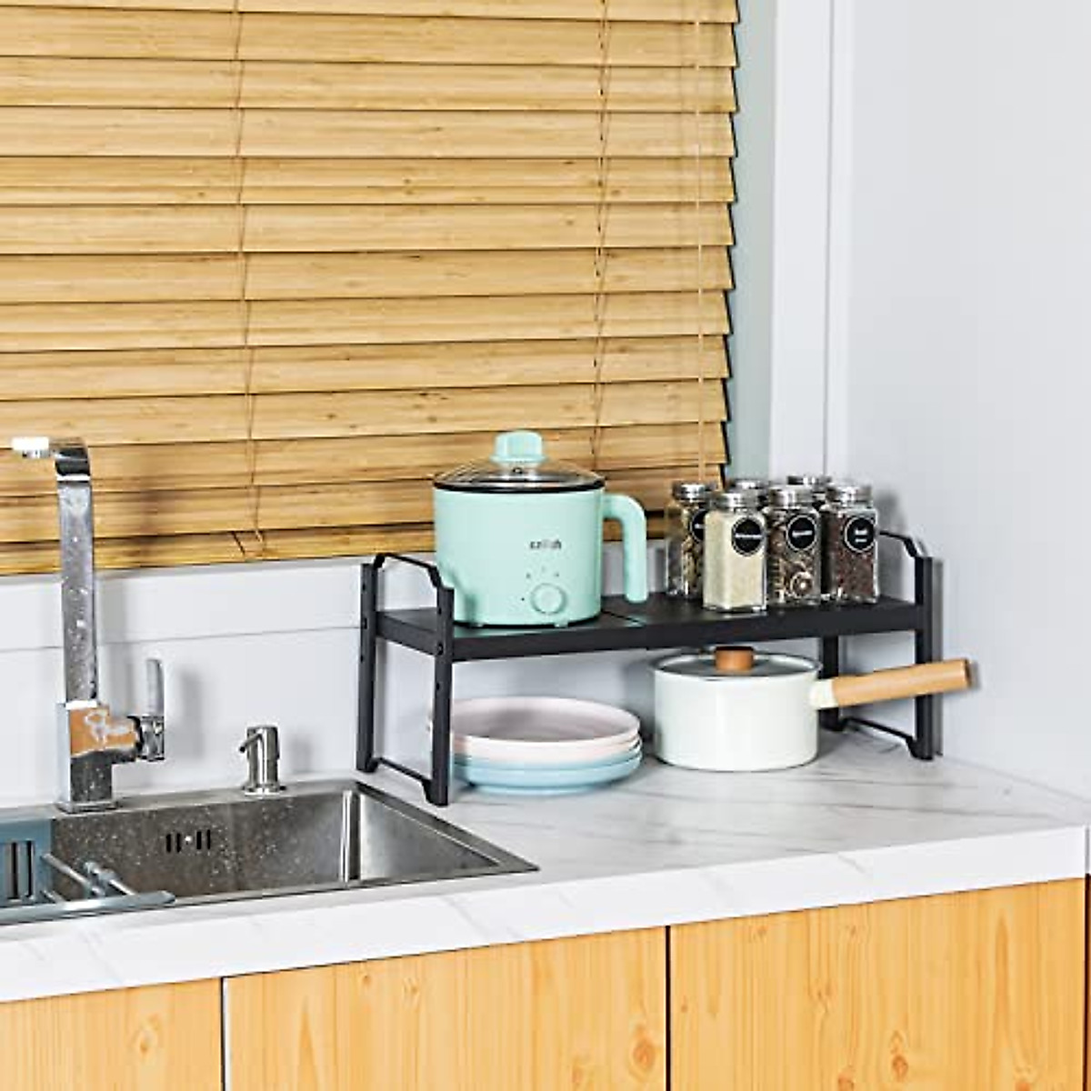X-cosrack Expandable Shelf for Kitchen Cabinet, Adjustable Cabinet Shelf Organizers for Kitchen Counter, Cabinet Countertop Shelf Rack Organizer, Adjustable Length Height, Stackable Design(Set of 1)