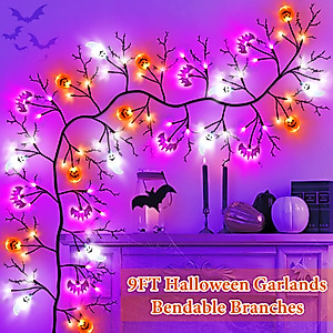 9FT 72 LED Halloween Decorations Willow Vine Twig Garland with 8 Modes Orange Purple White Lights & Timer & 8 Pumpkin Bat Ghost,Battery Operated Halloween Garland for Mantel Table Indoor Home Decor