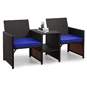 JAMFLY Outdoor Loveseat, Patio Furniture Set with Built-in Coffee Table, Patio Loveseat with Cushion, All-Weather Wicker Conversation Set Rattan Sofa for Garden Lawn Backyard
